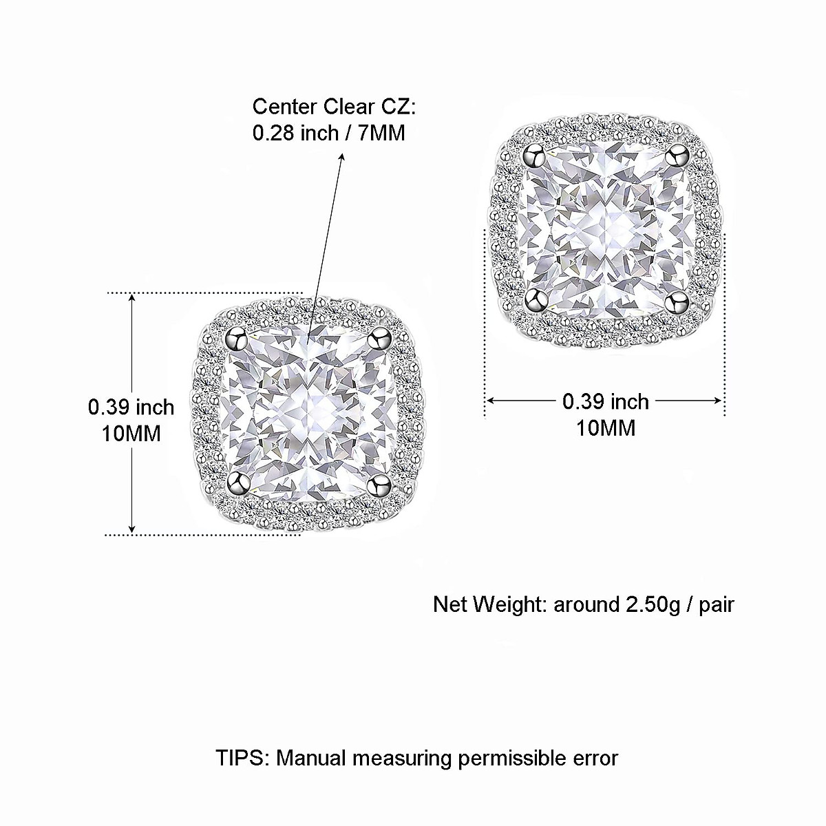 CZ Stud Earrings, Halo Stud Earrings for Women YOMELA White Gold 10MM Square Cubic Zirconia Stud Earrings Hypoallergenic for Women
