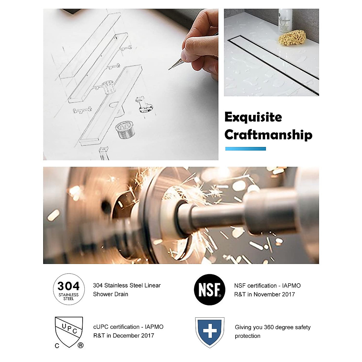 HTOH Shower Drain, 2 in 1 Linear Shower Drain 24 Inch(Brushed Nickel), 304 Stainless Steel Shower Floor Drain with Tile Insert Grate,Adjustable Feet,Hair Filter