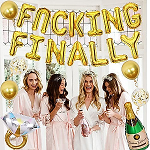 Bachelorette Party Decorations Kit Gold-Fcuking Finally Bachelor Party Decor with Diamond Ring and Champagne Foil Balloons for Engagement Bridal Shower Hen Party Supplies