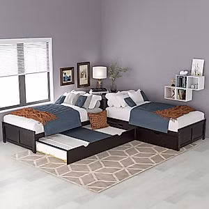 L-Shaped Platform Bed with Trundle, Twin Size Wooden Corner Platform Bed with Drawers Linked with built-in Desk, 3 Beds in 1 Design Platform Bed for Kids Teens, No Box Spring Required (Espresso 007)