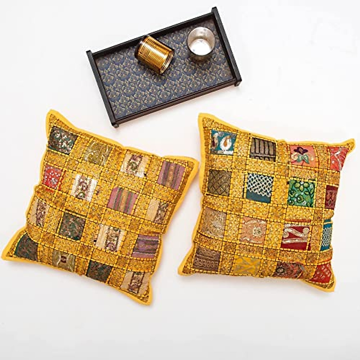 INDACORIFY Sets of Assorted Patchwork Cushion Cover, Indian Handmade Beaded Patch Pillow, Boho Pillow, Bohemian Cushion Cover, Sofa Decorative Throw Pillow (10)