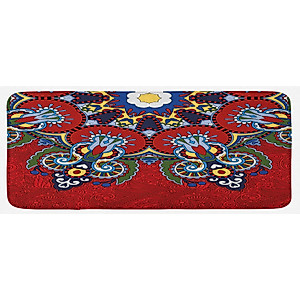 Ambesonne Red Mandala Kitchen Mat, Russian and Ukranian Lace Like Flowers Leaves Swirls Vintage Artwork, Plush Decorative Kitchen Mat with Non Slip Backing, 47" X 19", Red
