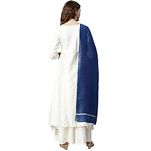 Janasya Indian Women's Off- White Yoke Printed Poly Silk Kurta with Palazzo and Dupatta