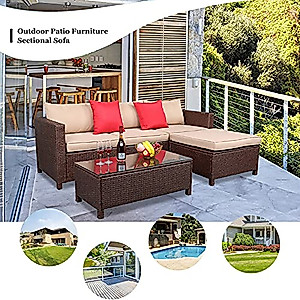 L-DREAM 5-Piece Set Rattan Sofa for Outdoor Patio Furniture Set, Brown PE Rattan Wicker Sofa Set, with Beige Seat Cushions and Rectangular Coffee Table, Garden Furniture (Color : Brown)
