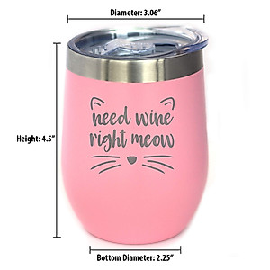 Bevvee Need Wine Right Meow - Cat Wine Tumbler Glass with Sliding Lid - Stemless Stainless Steel Insulated Cup - Funny Cute Gifts - Pink