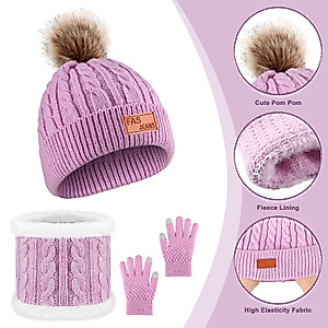 Panitay 2 Sets Winter Toddler Hat Scarf Gloves Set Warm Hat Gloves Knit Neck Scarf for 1-5-6-10 Years Old Girls and Boys (Purple, Pink,6-10 Years)