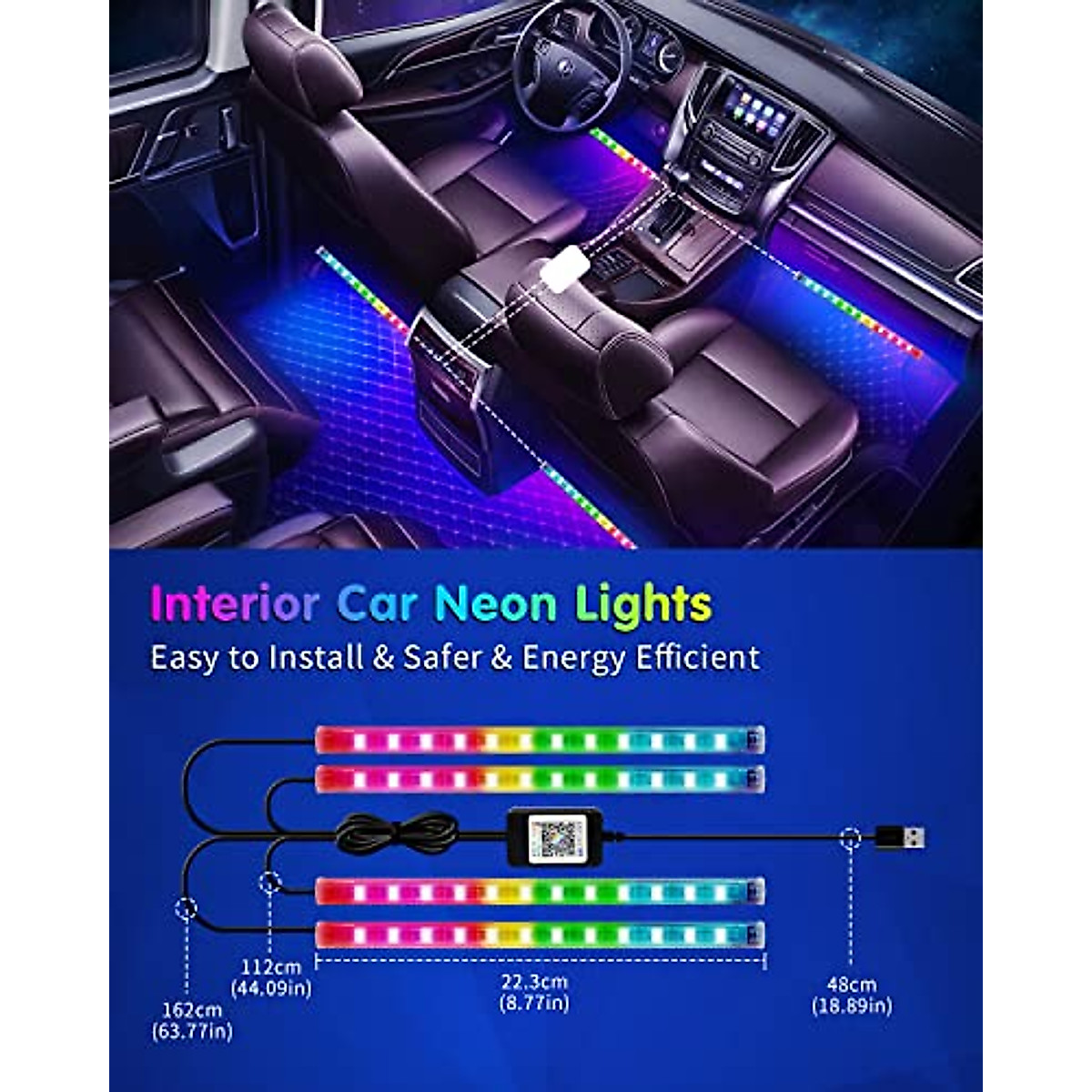 RGB Interior Car Strip Lights with Smart APP Control, Music Sync Under Dash Footwell Neon Internal Lighting Kit Multicolor,12V LED Strip Lights for Cars, Trucks, SUVs with Car Charger(1 Set)