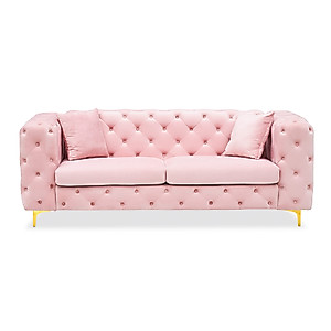 DAMAIFROM 75 Inch Sofa Couch Set of 2, Modern Upholstered Couch Tufted Velvet Sofa High Arm and Metal Gold Legs Decor with 2 Piilows Big Comfy Couch for Living Room, Pink