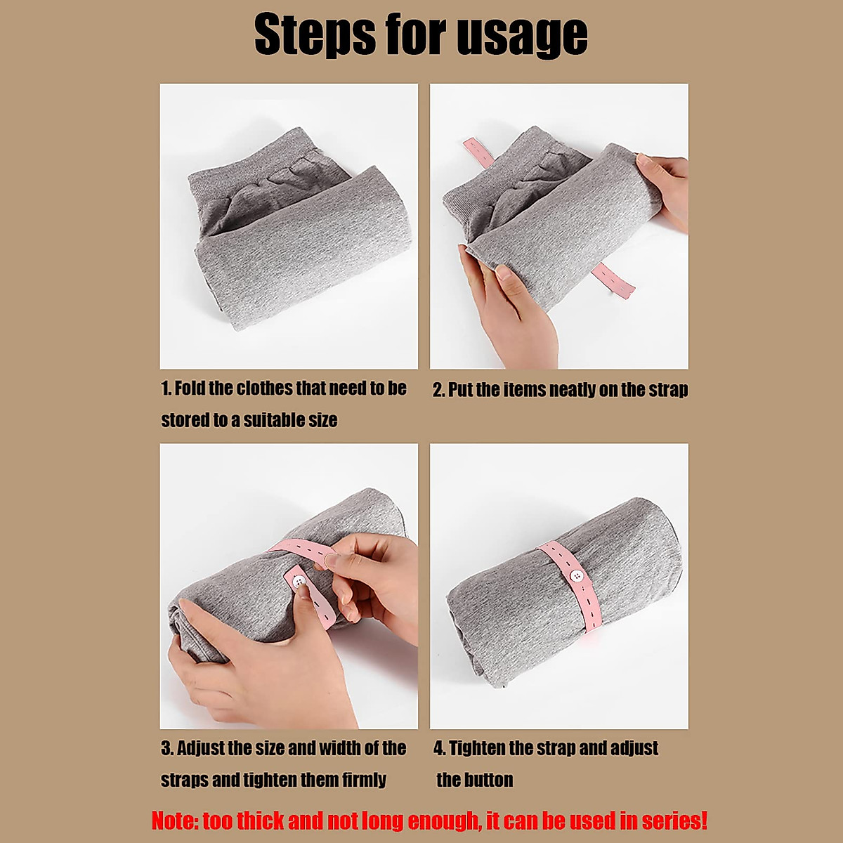 VSV stoage Adjustable Clothes Storage Elastic Band, Roll-up Clothing Storage Strap with Button and Buttonholes, Space Saver, Connatable Strap for Drawer, Closet and Travel Luggage, Grey