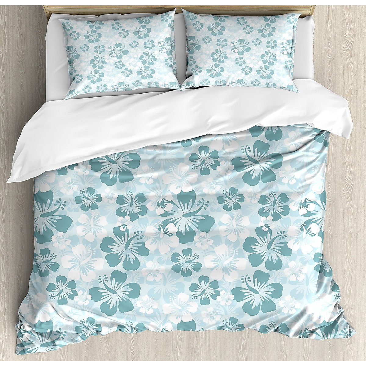 Ambesonne Hawaiian Duvet Cover Set, Rainforest Sea Coasts Palm Trees Happy Times Simple Monochromic Art, Decorative 3 Piece Bedding Set with 2 Pillow Shams, Queen Size, Blue White