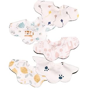 Baby Moon Soft Bibs Set of 5 for Baby Boy Girl 360 Rotate Petal Absorbent Bibs Washable for Drooling Teething (Set 2: Tiger, Kite, Paws, Bunny, Citrus)
