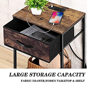 Bedroom Nightstands Set of 2 End Tables Living Room with Charging Station Farmhouse Side Tables Industrial Bedside Tables with Fabric Drawer for Small Spaces Guest Room Home Decor, Rustic Brown