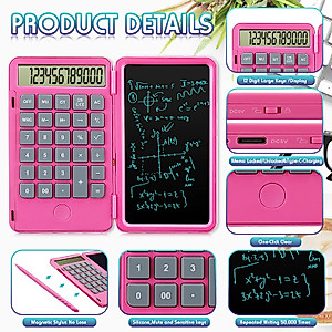 Hion Calculator,12-Digit Large Display Office Desk Calcultors with Erasable Writing Table,Rechargeable Hand held Multi-Function Mute Pocket Desktop Calculator for Basic Financial Home School (Pink)