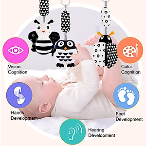 AIPINQI 3 Pack Hanging Rattle Toys,High Contrast Baby Toys and Plush Stroller Toys for Babies 0-18 Months,Newborn Car Seat Toys with Black and White Cartoon Shapes,(Ladybug,Bee & Owl)