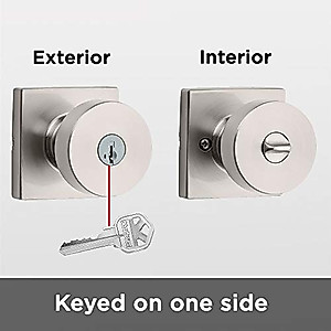 Kwikset Pismo Front Entry Locking Door Knob, Secure Keyed Exterior Entrance Handle, With Square Rose, SmartKey Re-Key Security Technology and Microban Protection in Satin Nickel