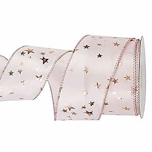 MEEDEE Valentine Ribbon Wired Rose Gold Ribbon Star Wired Ribbon 2.5 Inch Rose Gold Satin Ribbon Valentines Ribbon for Gift Wrapping Valentine Wired Ribbon for Wreaths Bow Garland Decorate (25 Yards)