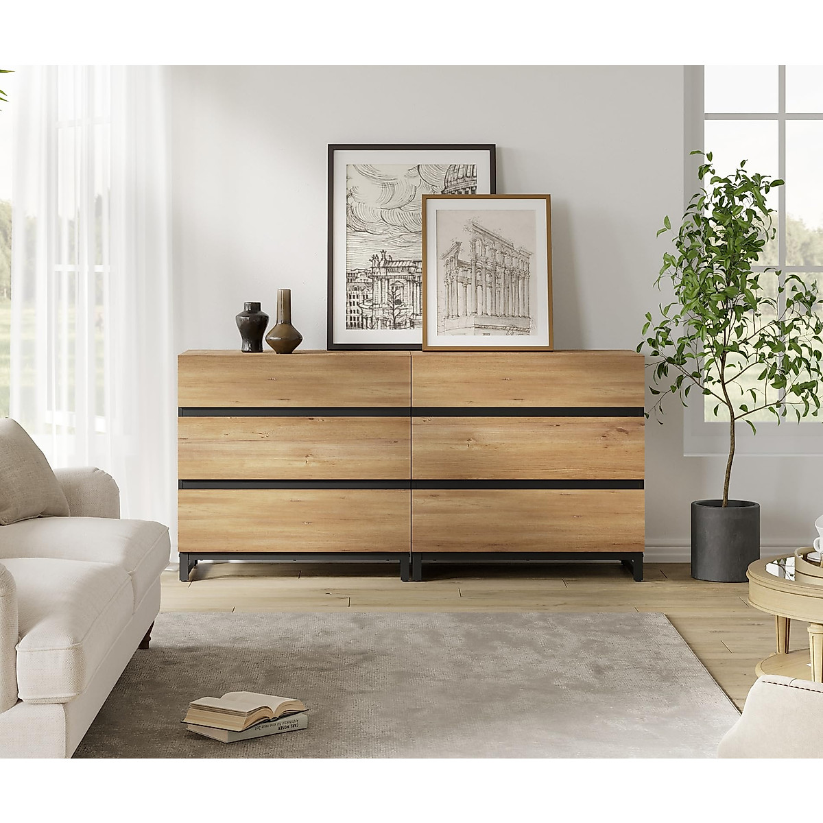 WAMPAT Dresser and Nightstand Set of 3, 63 Inches Dresser with 6 Drawers, 2 Nightstand with Drawer and Cabinet for Bedroom, Bedroom Furniture Set, Oak