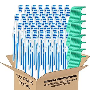 Prepasted Disposable Toothbrush Individually Wrapped Regular Size Head Soft Bristle Hygienic 72 & Oral Dental Floss Fresh Mint Toothpick 60 | Travel Camping Office School Supply Hotel Airbnb Gift