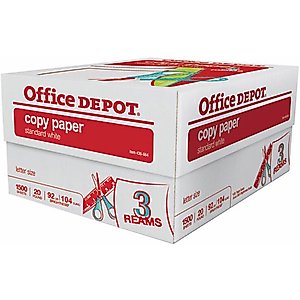 Office Depot 3-Ream Case Multipurpose Copy Fax Laser Inkjet Printer Paper, 8 1/2 x 11 inch Letter Size, 104 (Euro)/ 92 (US) Brightness, 20 lb. Density, White, 1500 Sheets Total (925382)