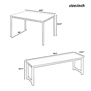 Dining Table Set, Hinpia 3 Pieces Modern Kitchen Table with 2 Benches, Wood Tabletop and Metal Frame (Black)