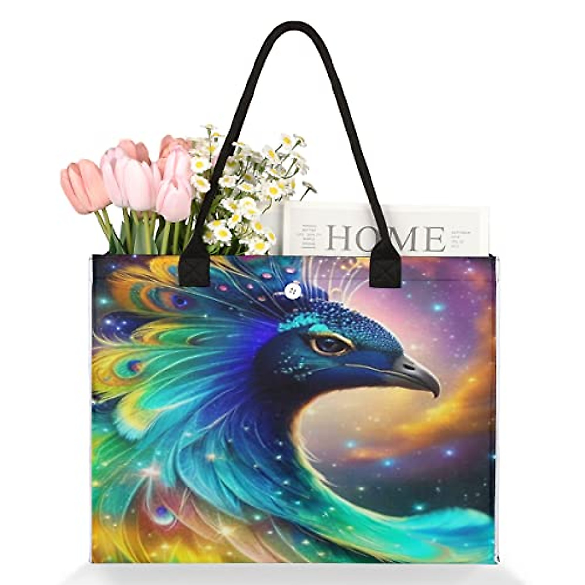 cfpolar Colorful Peacock Reusable Grocery Shopping Bag with Hard Bottom, HHQQQQ Large Foldable Multipurpose Heavy Duty Tote with Zipper Pockets, Sustainable, Durable and Eco Friendly, Beach Bag