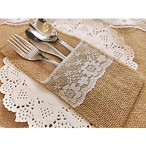 Lucky Monet 25/50/100PCS 4 x 8Inch Natural Burlap Lace Silverware Bag Utensil Holder Cutlery Pouch Hessian Knife Fork Tableware Bags for Wedding Party Restaurant Decoration (100PCS)