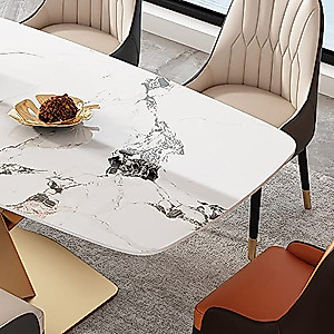 Modern Dining Table, 70.9" Marble Dining Table for 4-6, Durable White Sintered Stone Tabletop, Gold Carbon Steel Metal X-Base, Luxury Table for Kitchen Dining Office (1 Table 6 Orange Chairs)