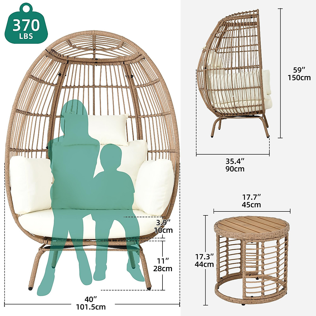 YITAHOME Standing Egg Chair with Coffee Table Oversized Wicker Basket Chair for Outdoor Indoor, Patio Egg Chair with Headrest Cushion - Beige