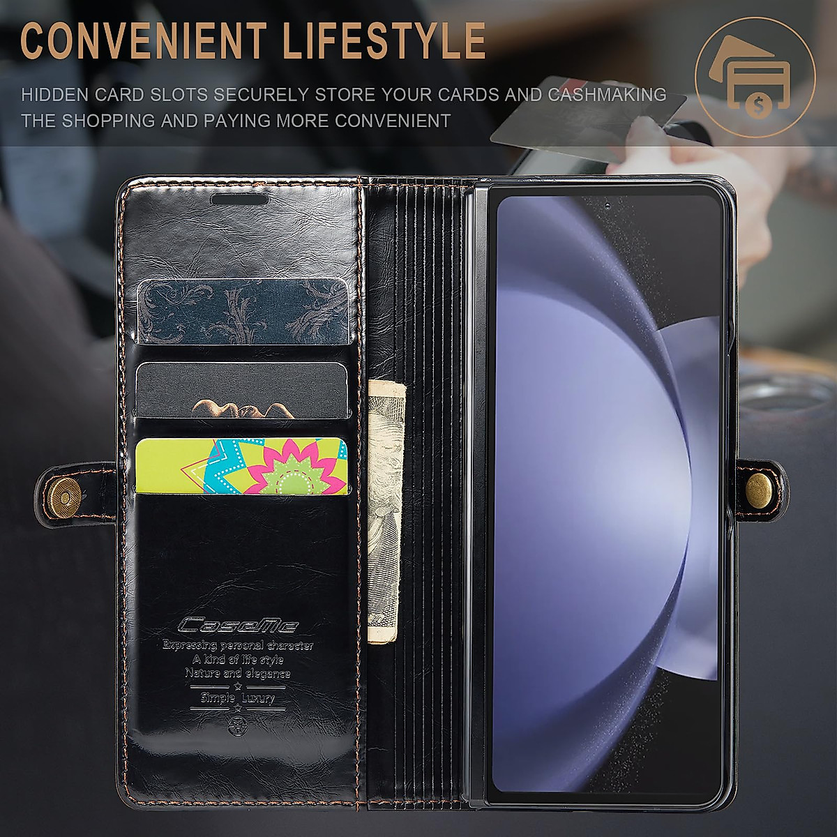 SZHAIYU Smooth Retro Premium Flip Leather Phone Case for Samsung Galaxy Z Fold 5 5G Case Wallet with Card Holder Kickstand 7.6'' Fold5 Book Cover (Black,Z Fold 5)