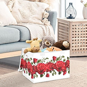 TecEr Red-roses-valentine's Day Large Fabric Foldable Storage Bins with Lids and Handle, Decorative Storage Box Cube for Shelves Closet Home Bedroom Office