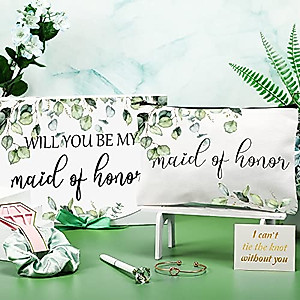 7 Pieces Wedding Themed Supplies Include Maid of Honor Proposal Box Maid of Honor Canvas Makeup Bags Green Satin Scrunchie White Gold Diamond Pen Bracelet White Raffia Grass with Card for Wedding