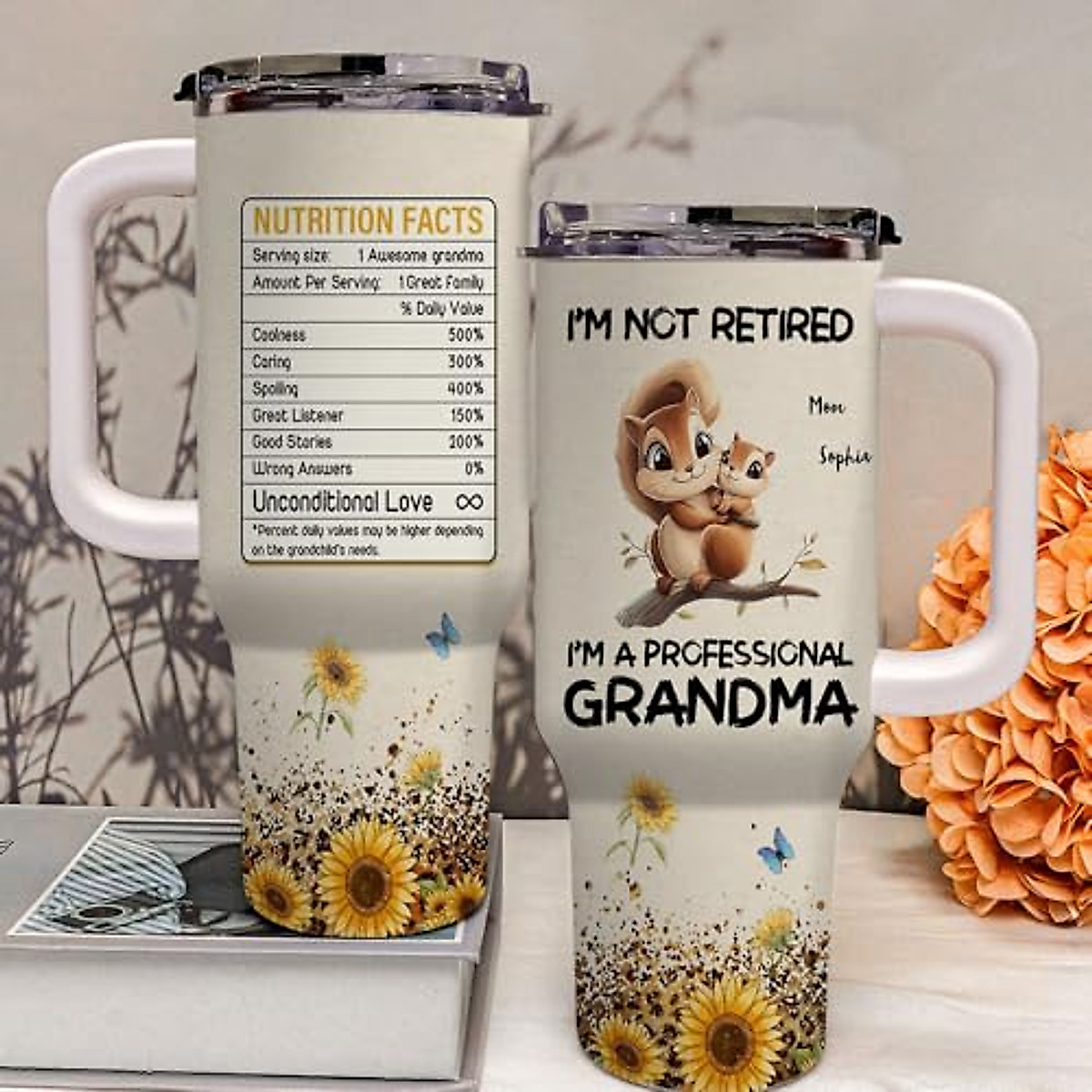 Personalized 40oz Tumbler - Cute A squirrel mother holding her baby close while sitting on Mother and Child Design with Nutrition Facts - Gift for Mom, Grandma, Mother's Day Za4Ryl