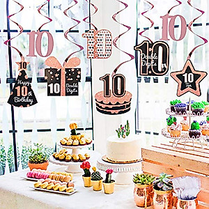 Excelloon 10th Birthday Decorations Supplies for Girls, Rose Gold 8Pcs Hanging Swirls, Happy 10 Year Old Birthday Cake Hat Present Star Party Decor, Ten Year Old Birthday Decorations