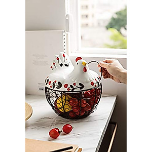 SURVEEL Black Wire Egg Storage Basket with Ceramic Chicken Shaped Top Egg Basket with Handles for Fresh Eggs Cute Chicken Kitchen Home Décor