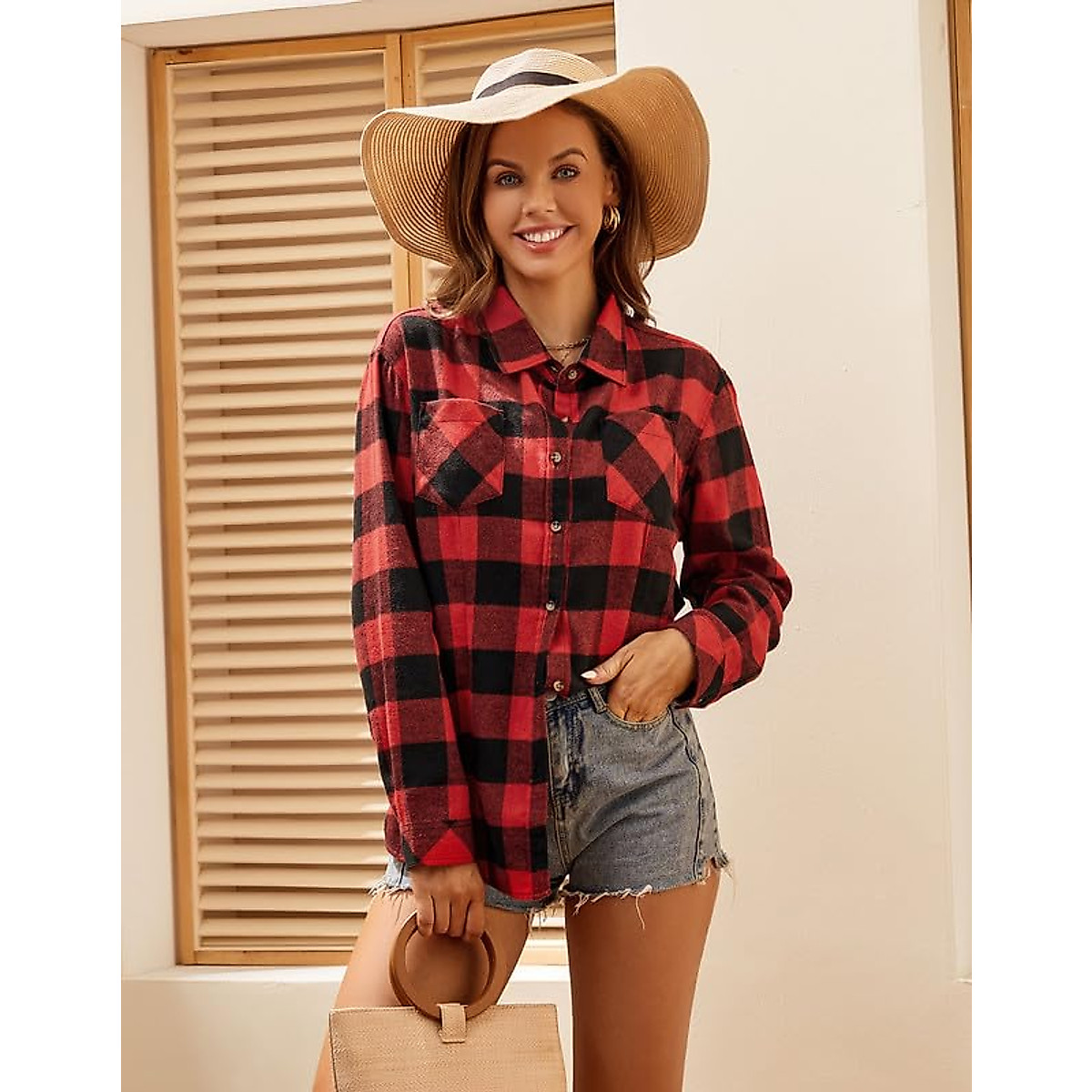 Damipow Flannel Shirt Women Long Sleeve Fall Blouse Ladies Casual Top Cute Clothes,Redt91,M