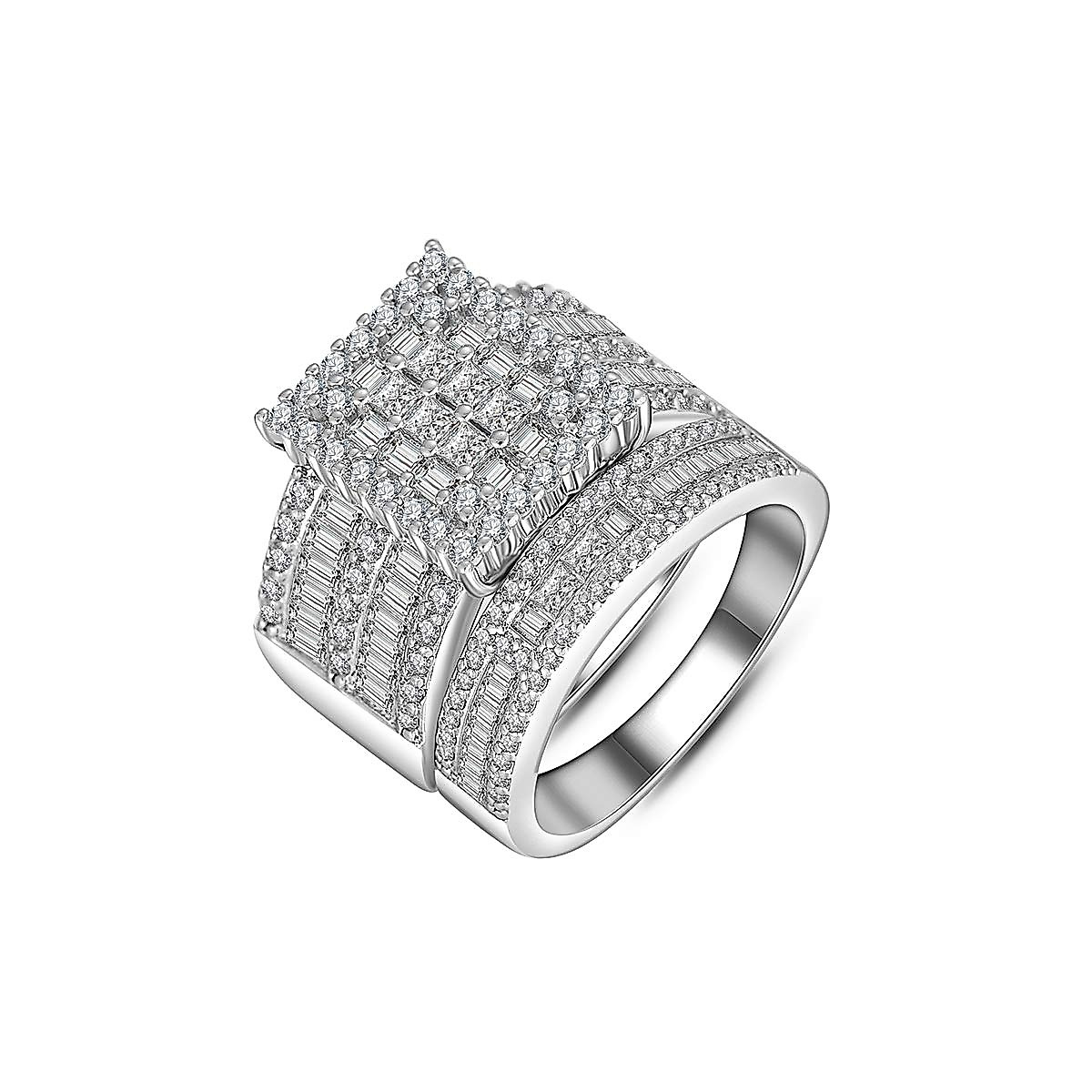 Square Statement Bridal Sets - Two Rings Cubic Zirconia CZ Cluster Engagement Promise Rings Set for Women (8)