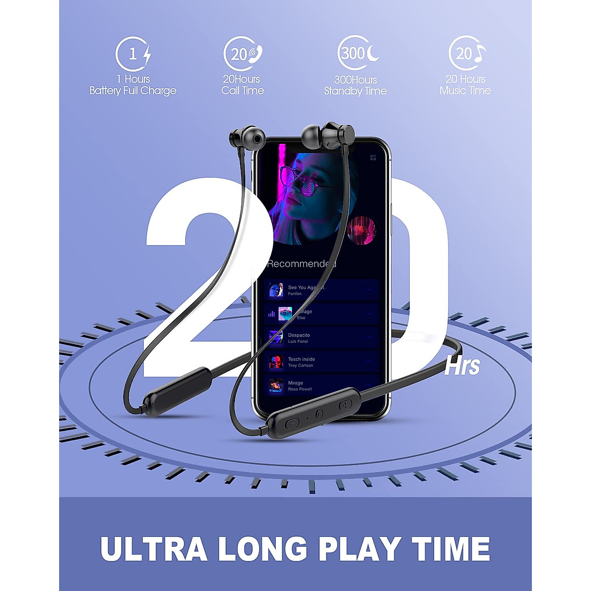 MUBIAO Bluetooth Headphones Neckband 20Hrs Playtime V5.0 Wireless Headset Sport Noise Cancelling Earbuds w/Mic for Gym Running Compatible with iPhone Samsung Android