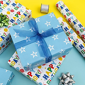 CAMKUZON Reversible Birthday Wrapping Paper Roll for Boys Girls Kids Men Women - Colorful Happy Birthday Lettering Balloon and Stars - Gift Wrap Paper for Birthday Party Holiday, 17.7 Inch X 33 Feet
