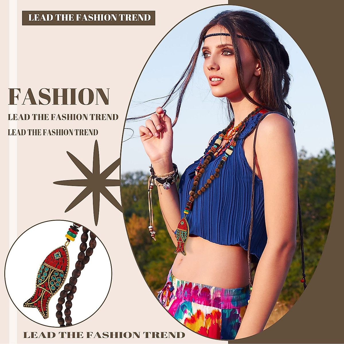 Bonuci 4 Pcs Long Boho Necklaces for Women Wood Beads Pendant Hippie Ethnic Necklace Turquoise Elephant Tribal Jewelry(Vibrant Style)