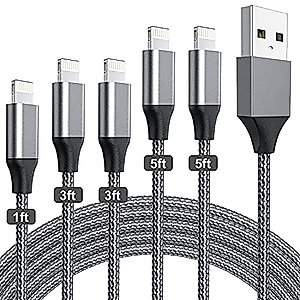 iPhone Charger, 5pack (1/3/3/5/5FT) Lightning Cables [Apple MFi Certified] Nylon Braided USB Cord 5ft Lightning Cable 3ft Compatible with iPhone 13/12/11 Pro Max/XS/XR/X/8/7 Plus/SE