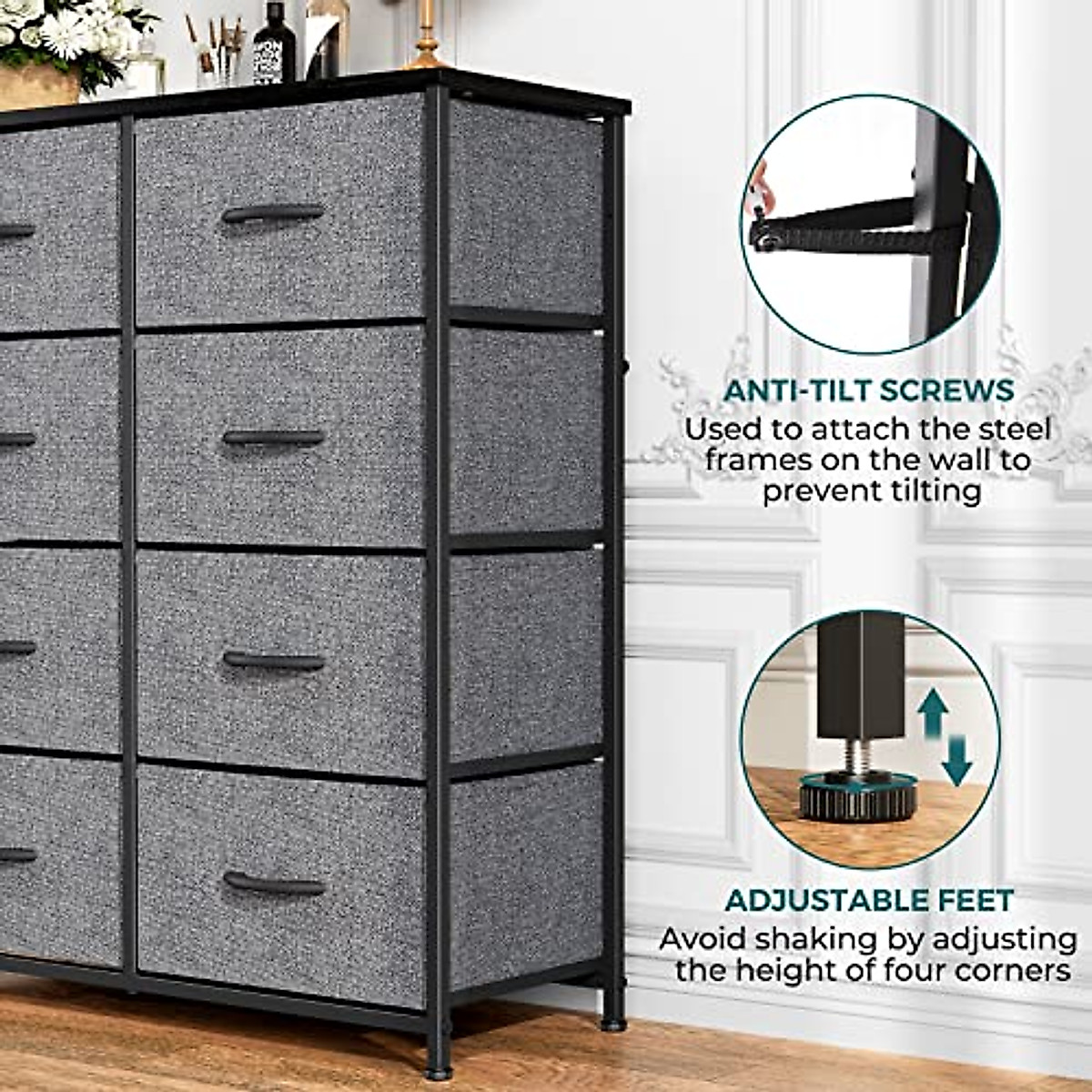 SMUG Dresser, Drawers Dresser for Bedroom Cabinet Organizers Wood Top Table Furniture with 8 Fabric Storage Drawers Chest Tower Unit, Chest of Drawers for Closet, Living Room, Hallway, Porch