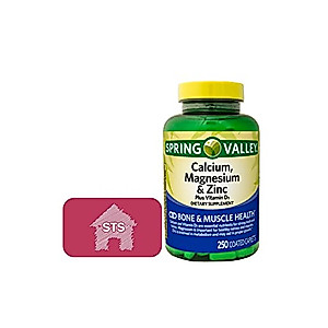 Spring Valley | Calcium, Magnesium & Zinc Plus Vitamin D3 | 250 Coated Caplets | Healthy Bones, Teeth, Nerve, Muscle, Heart & Immune Function + STS Home Fridge Magnet.