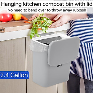 MUGYPYR Compost Bin for Kitchen -2.4 Gallons/9L Trash Can for Under Sink,Hanging Small Trash Can with Lid for Bathroom/Bedroom, Indoor Compost Bucket (Grey)