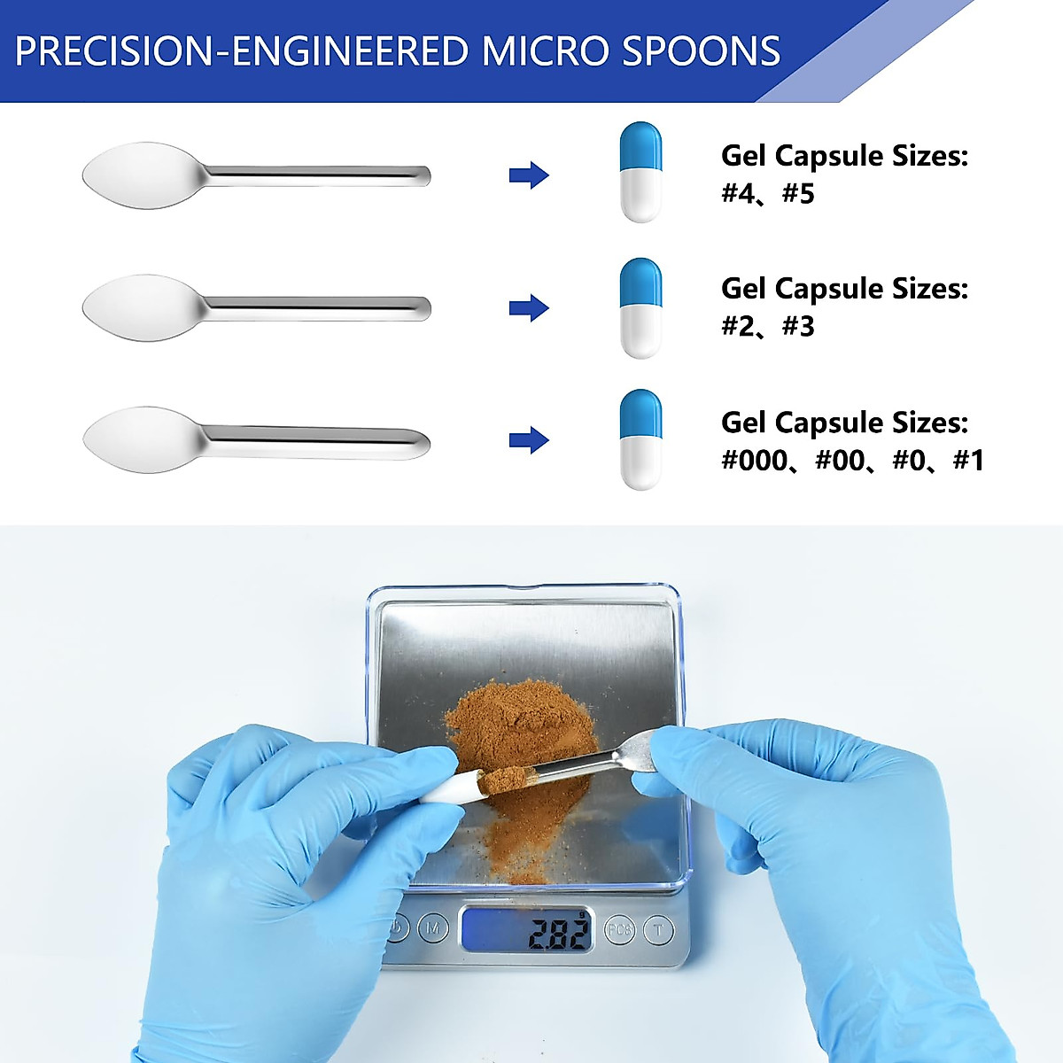 Artcome 15 PCS Versatile Capsule Filling Tool Kit for Pill Filler - Lab Scoops, Powder Pan, Herb Tamper and Capsule Holder - Ideal Tools for Medication and Supplements - All Sizes 000 00 0 1 2 3 4 5
