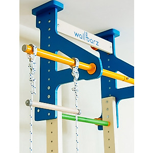 Kids Wood Playground Play Set for Floor & Ceiling / Wooden Indoor Training Gym Sport Set with Accessories Equipment: Climber, Gymnastic Swing Rings, Climbing Rope, Rope Ladder / Wallbarz Woodsy