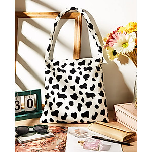 Fluffy Shoulder Bag Flower Cow Plush Underarm Handbag Bag Fluffy Purse Small Clutch Bag for Women Autumn Winter (White and Black, Shoulder Bag)