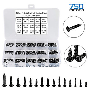 HanTof 750pcs Black Tiny Screws for Electronics, M1, M1.2, M1.4, M1.5, M1.7 Very Small Phillips Pan Head Self Tapping Screws, Micro Wood Screws, Mini Electronic Screws Assortment Kit-Carbon Steel