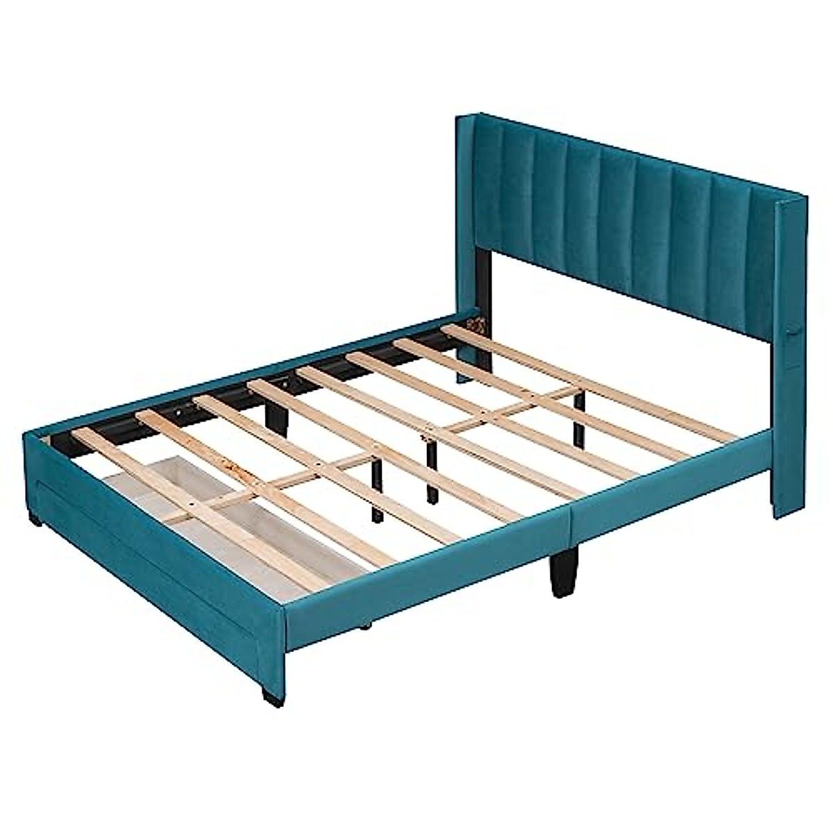 OTRIEK Queen Size Velvet Upholstered Platform Bed Frames with Large Storage Drawer, Mid-Century Modern Royal Platform Bed with Headboard, Sturdy Wood Slat Support for Bedroom Boys Girls (Blue)