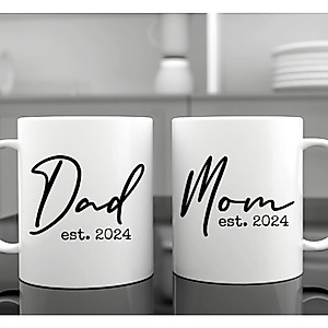 Pregnancy Gift Est 2024 -New Parents Gifts- Mom and Daddy Est 2024 11 oz Mug Set - Onesie (0-3M)- Mom and Dad Gift Set for Expecting Parents (Feather Bib 24)