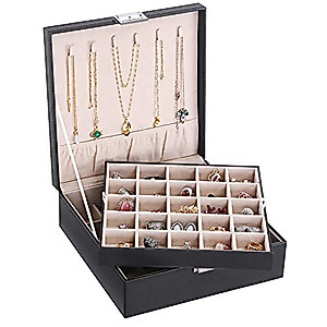 BEWISHOME Earring Organizer Holder for Cufflinks, Rings, Pendants, Chain - 50 Slots Case, 6 Necklace Hook, 2 Stackable Trays - Elegant Jewelry Storage Box for Girls Women, Black Faux Leather SSH11B